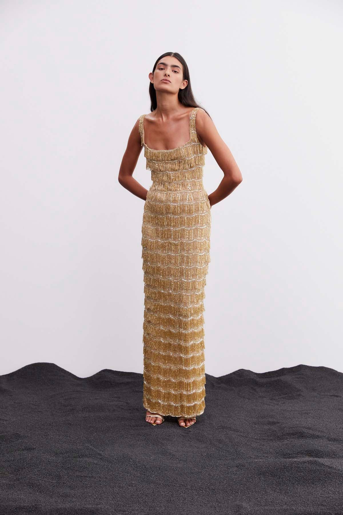 Sadie Gown in Gold | Shop Rachel Gilbert Online